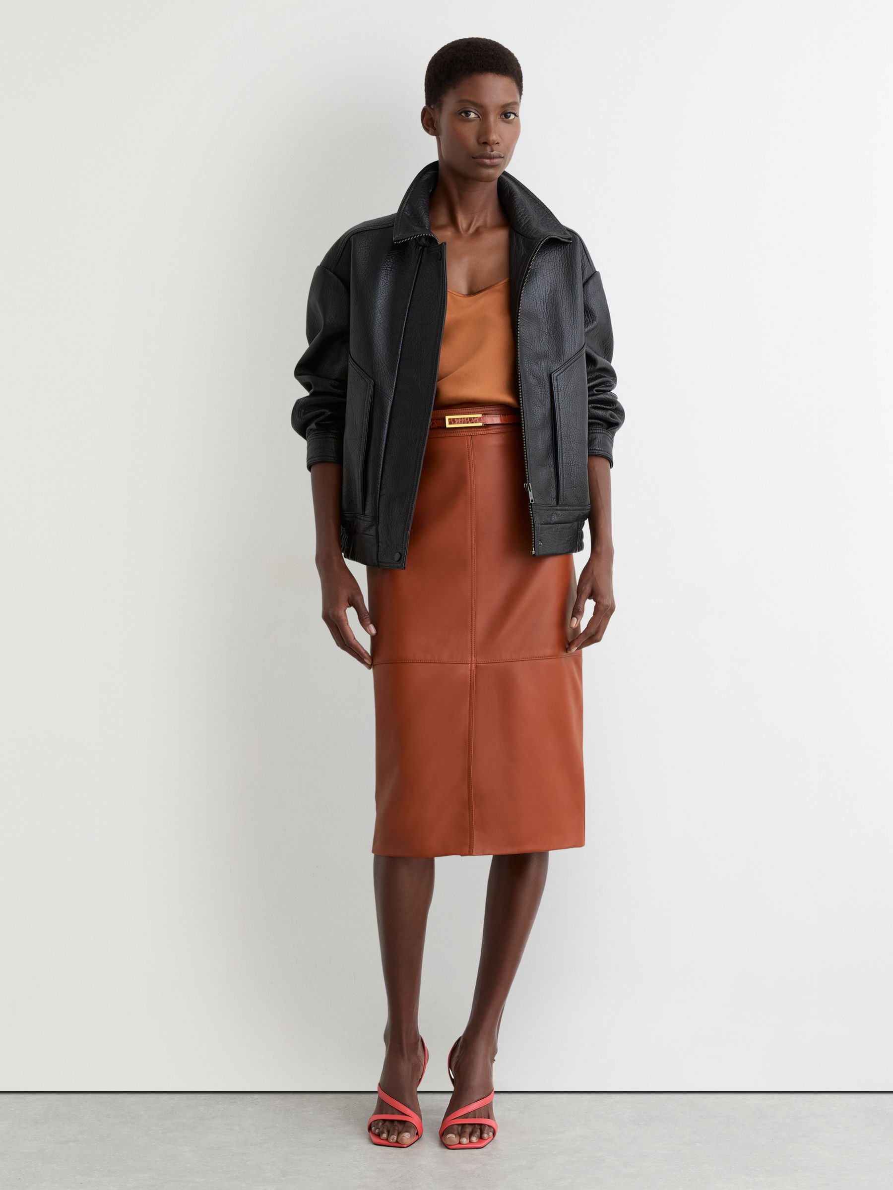 REISS Miley Leather Midi Pencil Skirt